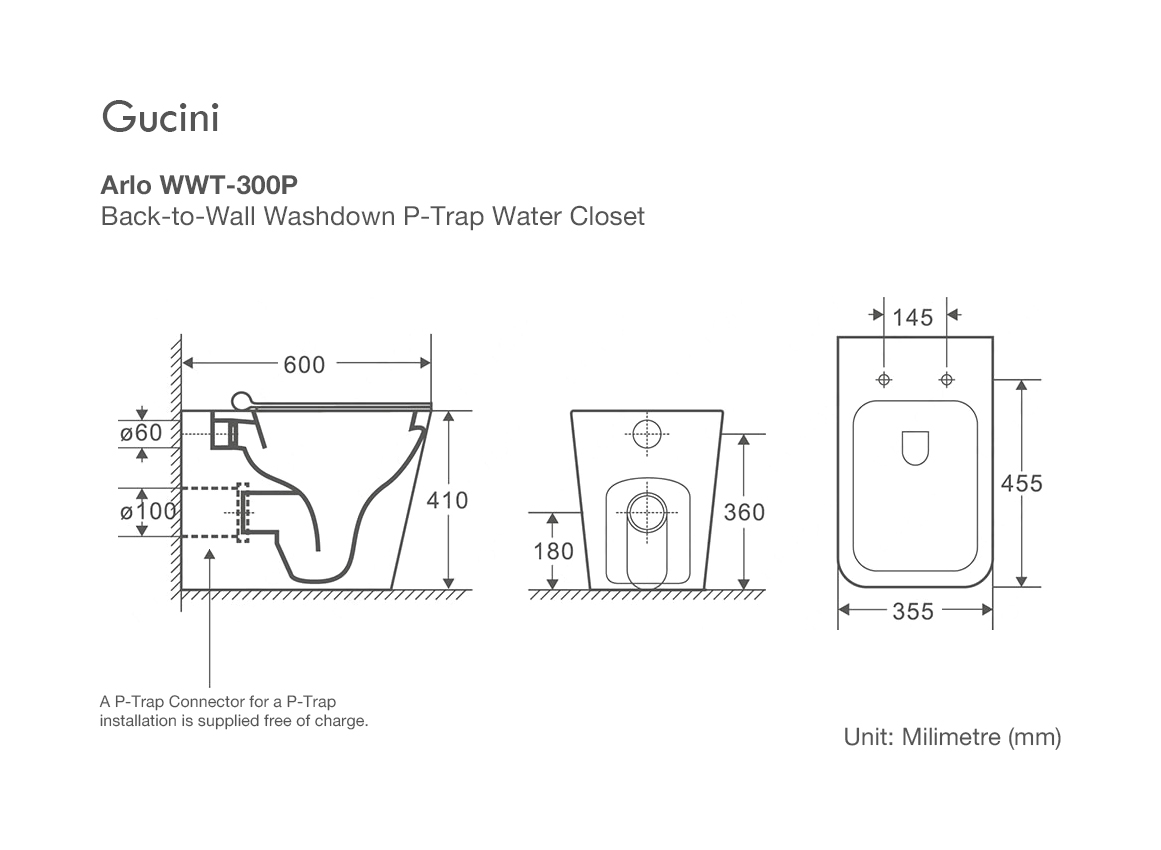 Arlo WWT-300P Back-to-Wall Washdown P-Trap Water Closet