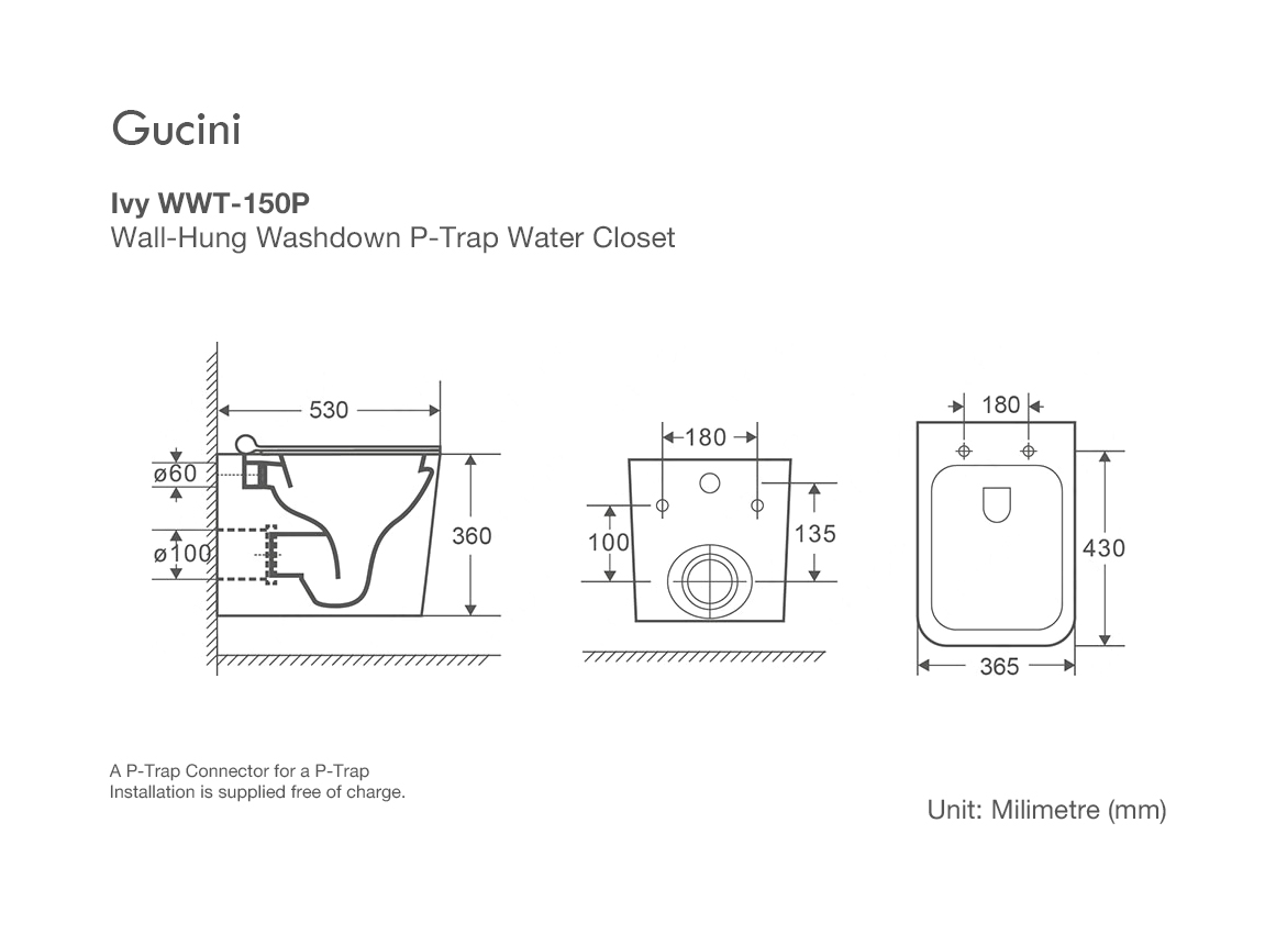 Ivy WWT-150P Wall-Hung Washdown P-Trap Water Closet